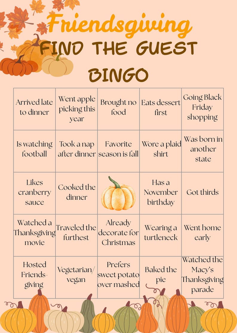 Friendsgiving Bingo Game Printable | Fall Thanksgiving Party Game ...
