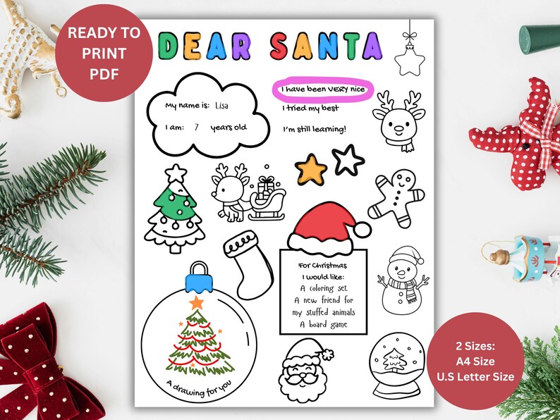 Kids Letter to Santa Printable, Christmas Wish List Coloring Page (PDF ...