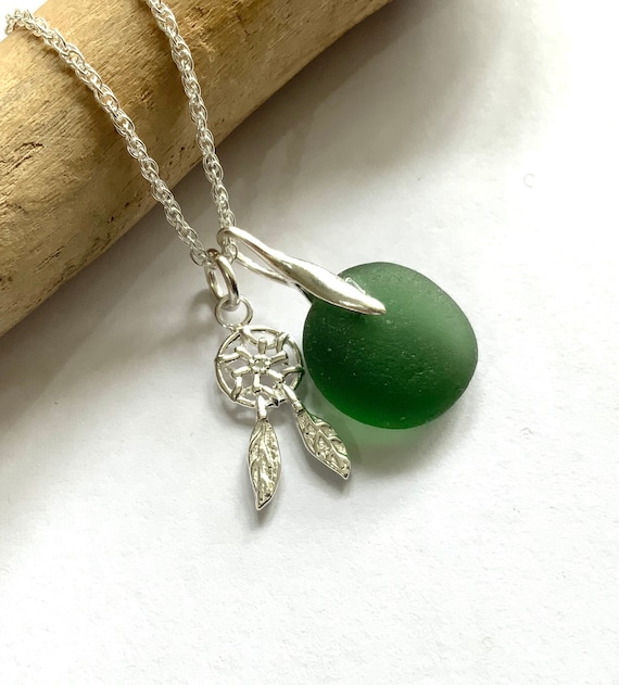 Sea Glass Necklace Sterling Silver Necklace Dream Catcher Charm Green Sea Glass Seaham Sea Glass Etsy
