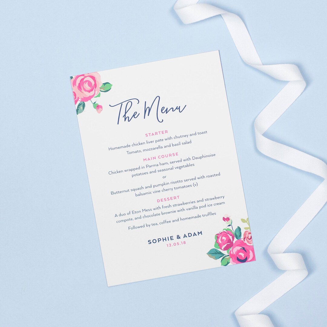 Adela Wedding Menu Cards, Navy Floral Wedding Menus, Country Barn ...