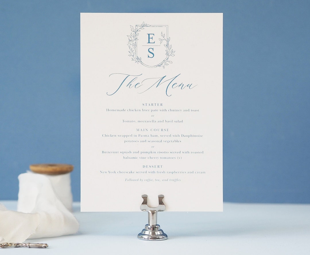 Vintage Crest Menu Cards - Monogram Wedding Menus - Blue and Ivory Menu ...