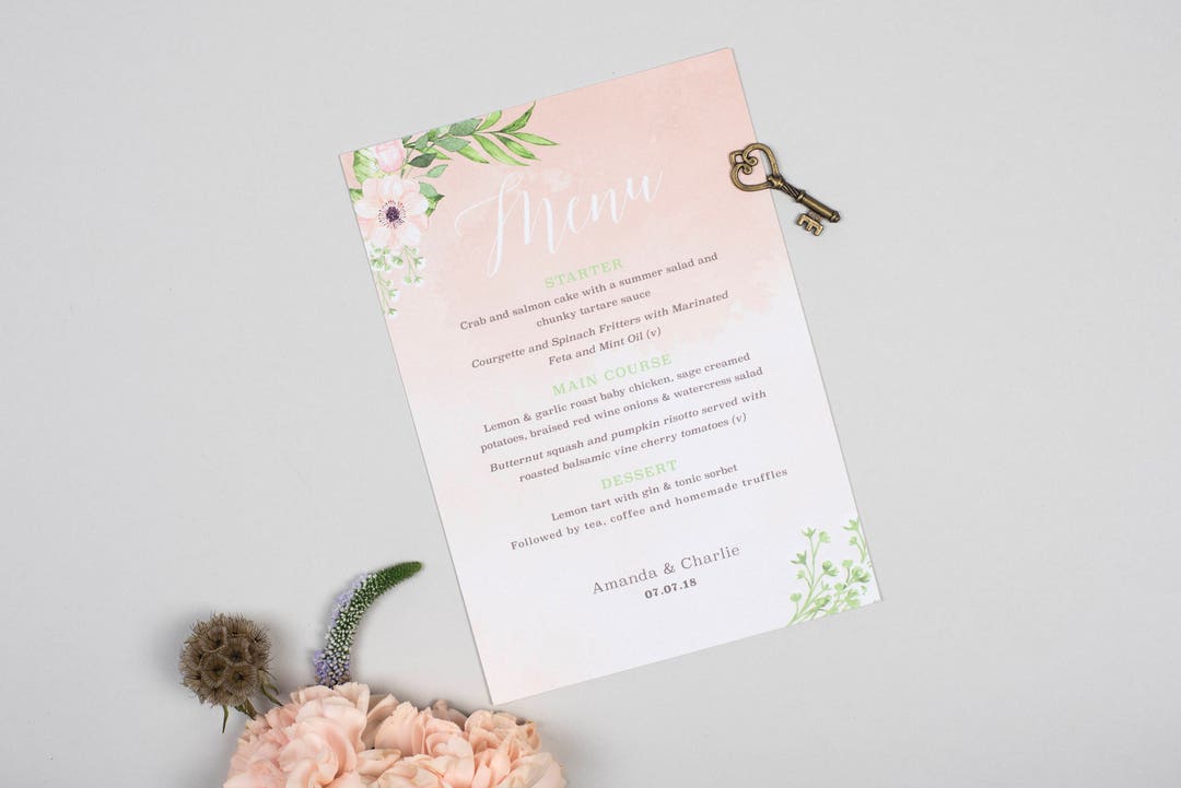 Blush Pink Floral Wedding Menu Cards, Personalised Wedding Menus ...