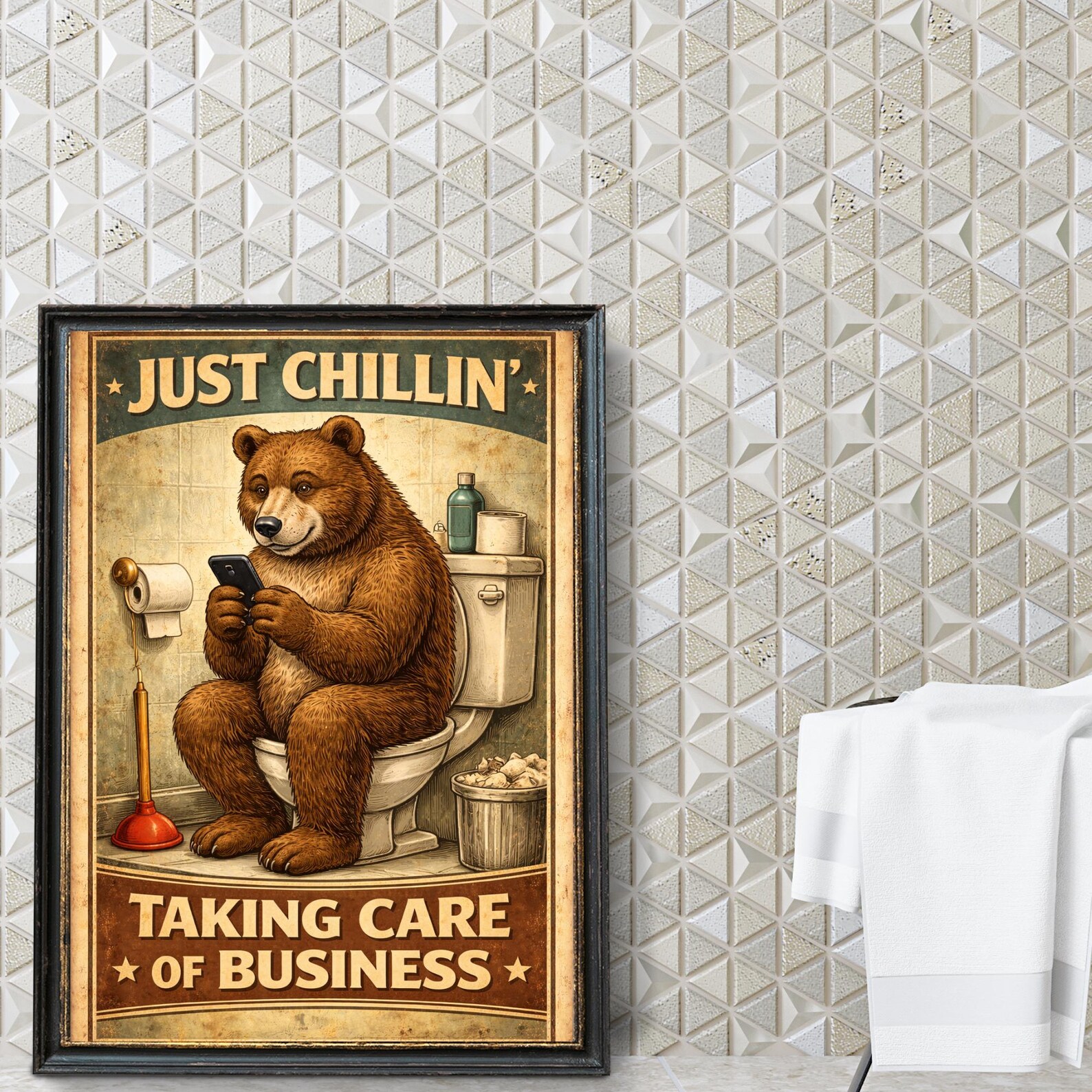 Funny Bathroom Wall Art Bear on Toilet Poster – Just Chillin’ Taking ...