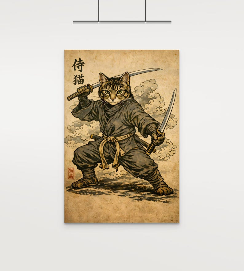 Samurai Cat Poster, Vintage Japanese Cat Art Print, Funny Ninja Cat ...