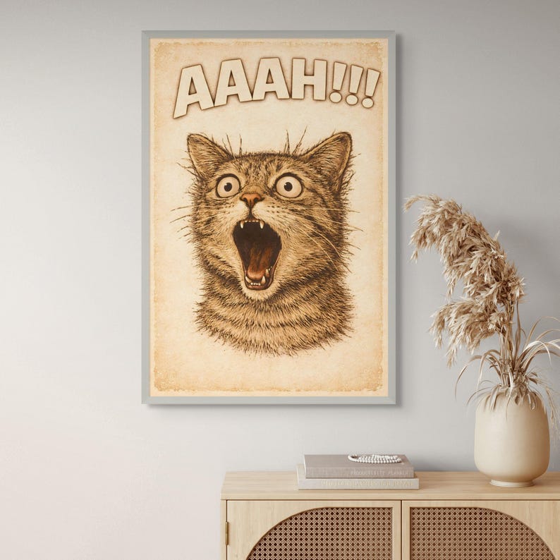 Funny Screaming Cat Poster, AAH Cat Wall Art, Vintage Style Cat Print ...