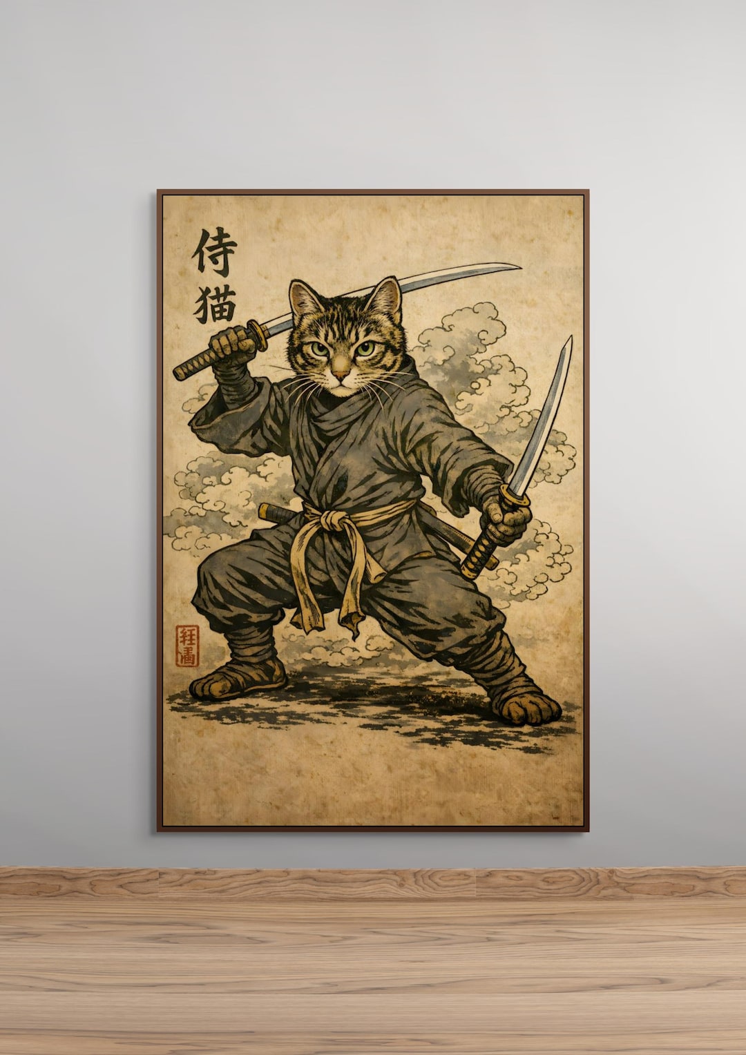 Samurai Cat Poster, Vintage Japanese Cat Art Print, Funny Ninja Cat ...