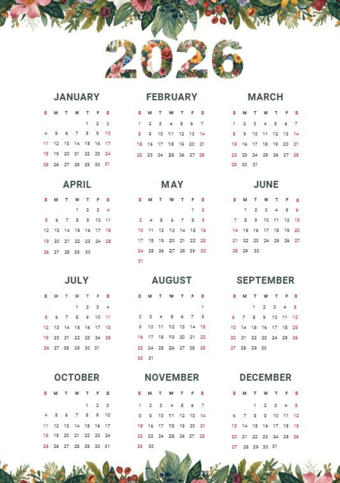 2026 Printable Calendar BOHO | Boho and Flowers Design PDF | Instant ...