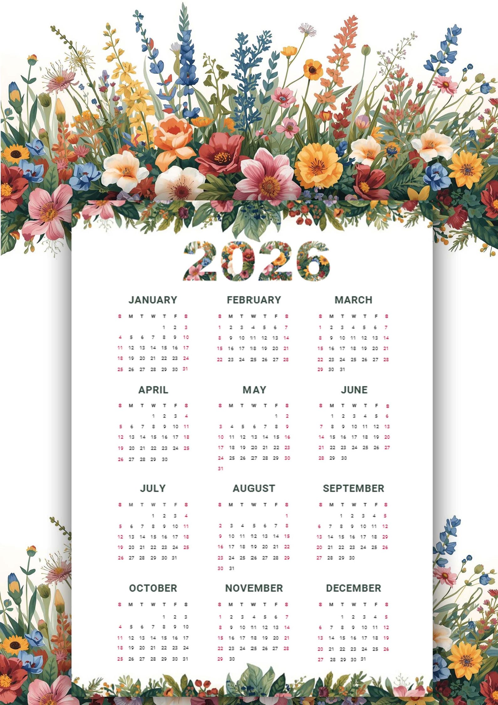 2026 Printable Calendar BOHO | Boho and Flowers Design PDF | Instant ...