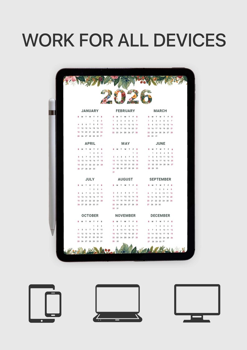 2026 Printable Calendar BOHO | Boho and Flowers Design PDF | Instant ...