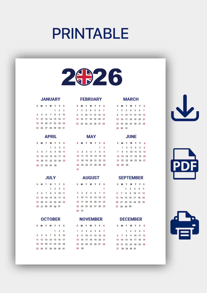 2026 Printable Calendar United Kingdom | UK Blue and Red Design PDF ...
