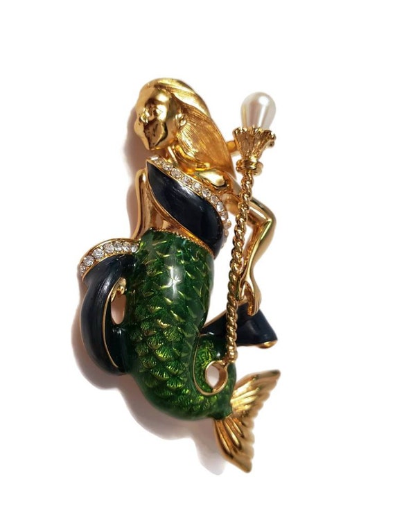 Trifari 1997 Gold Enamel Mermaid Brooch - Gem