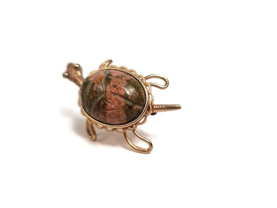 Krementz Carved Unakite Scarab Turtle Brooch - Gem