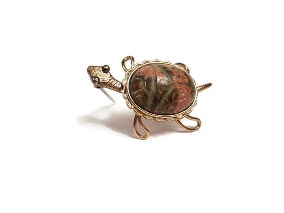 Krementz Carved Unakite Scarab Turtle Brooch - Gem