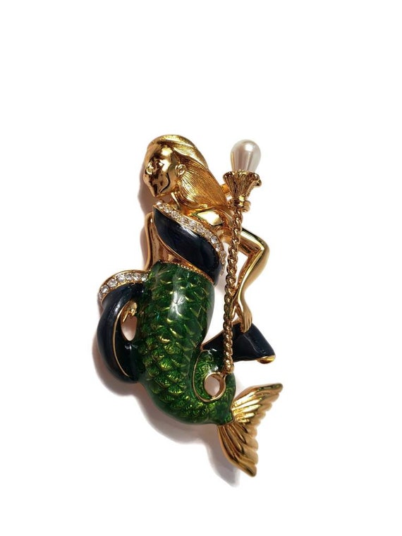 Trifari 1997 Gold Enamel Mermaid Brooch - Gem