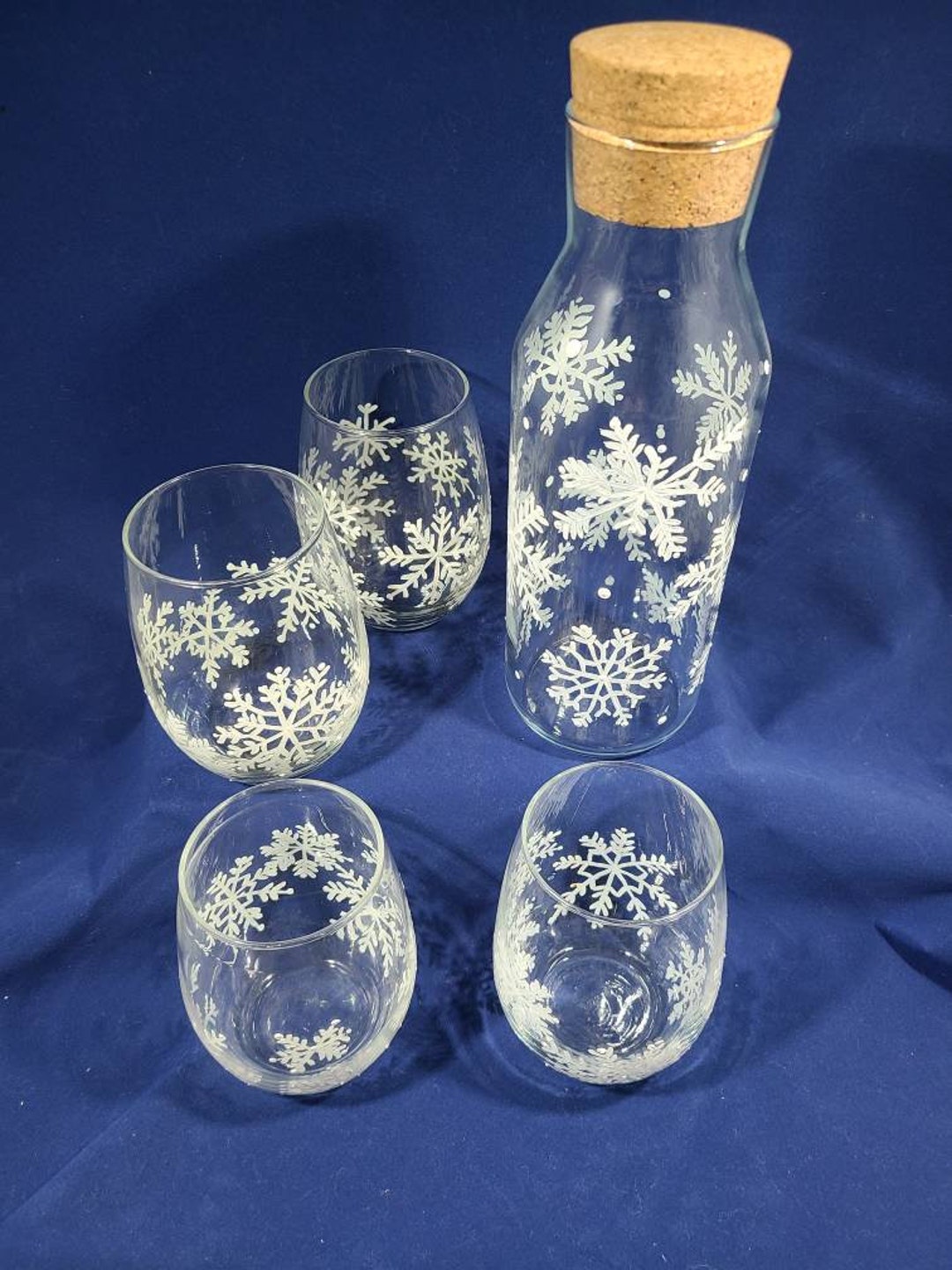 Snowflake 5 Piece Carafe and 4 Stemless Glasses Set Hand Painted - Etsy