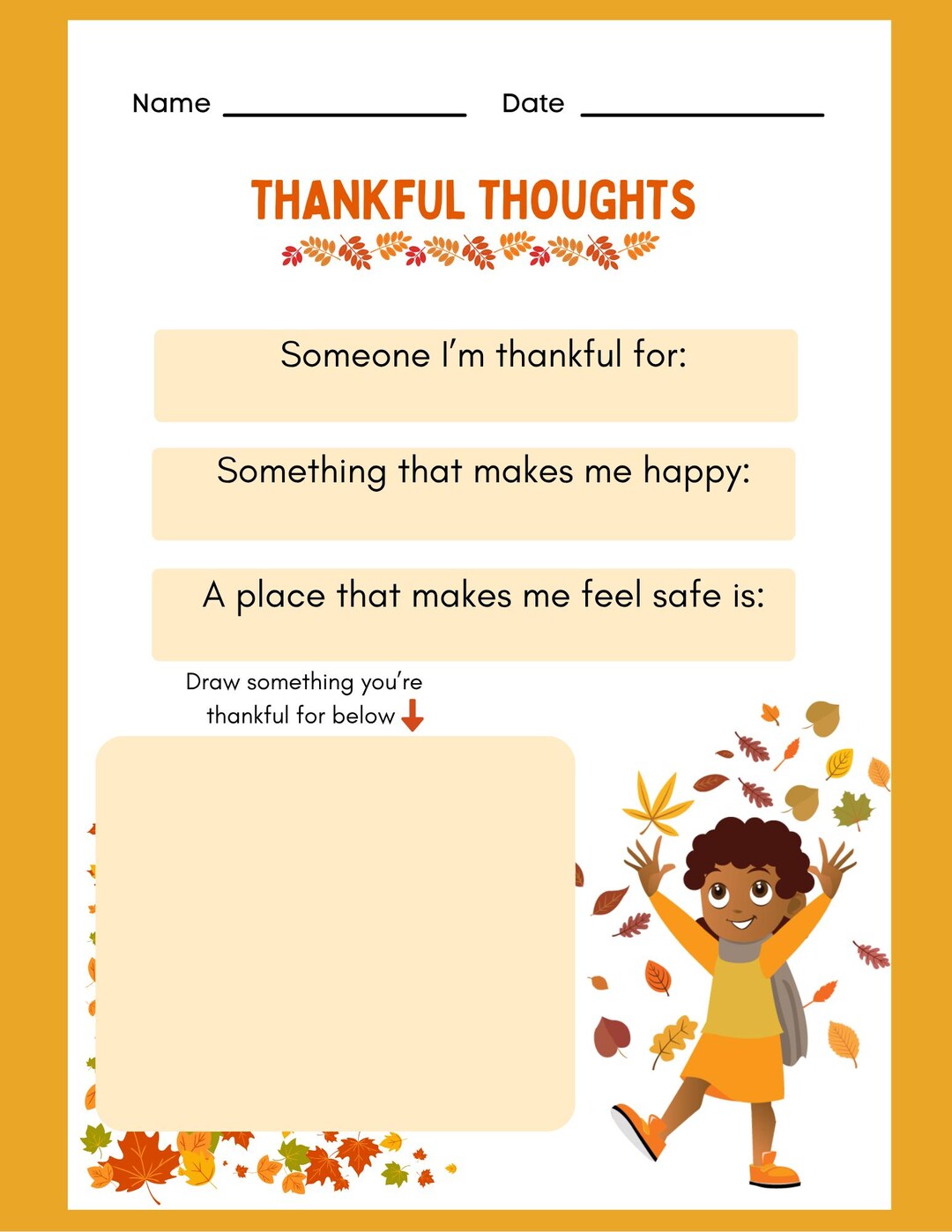 Thanksgiving Gratitude Worksheet for Kids | Fall Activity (instant ...