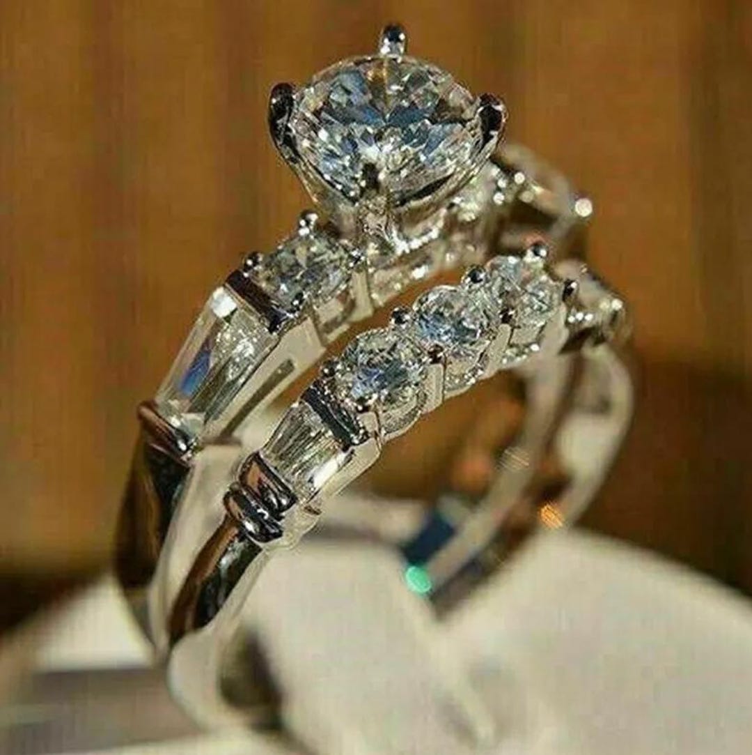 1880s Retro White Moissanite Bridal Ring Set- Vintage Wedding Ring Set ...
