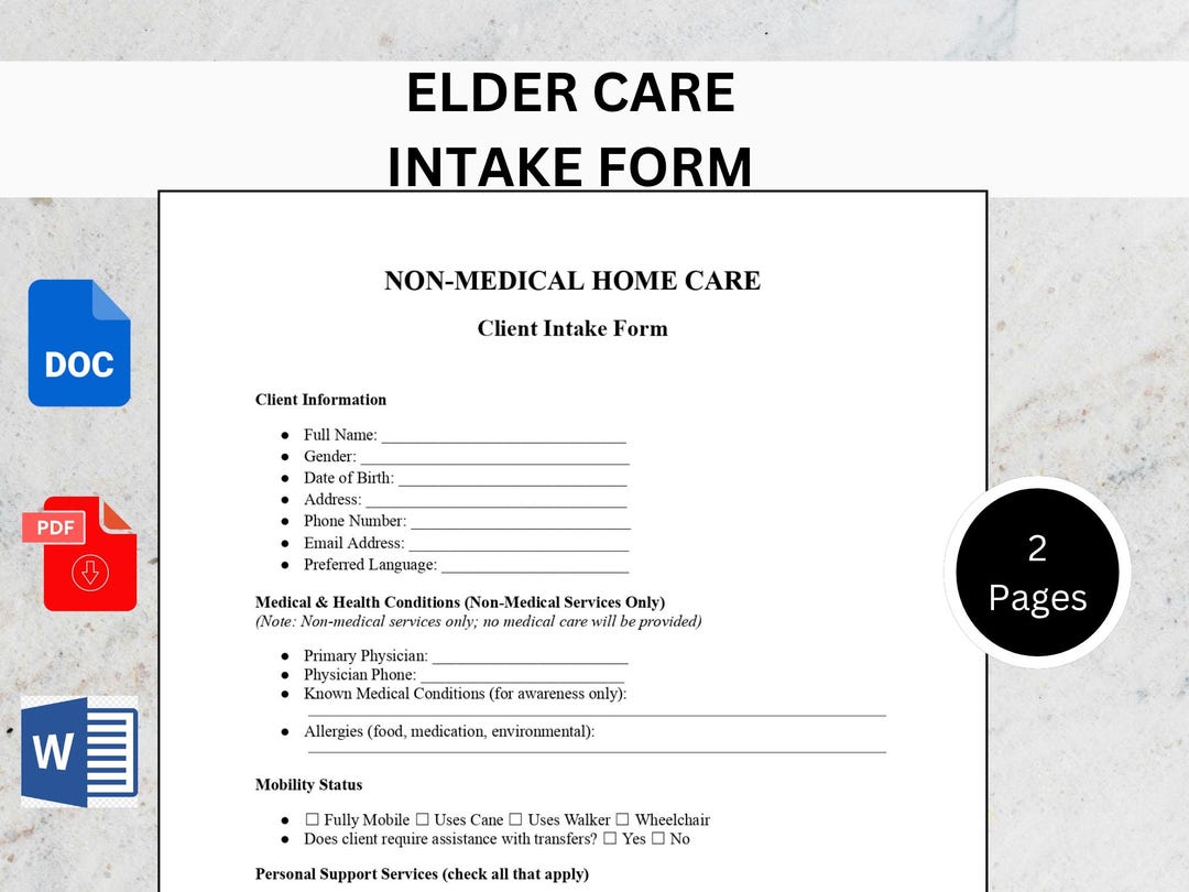 Elder Care Intake Form | Senior Client Assessment Template (word PDF ...