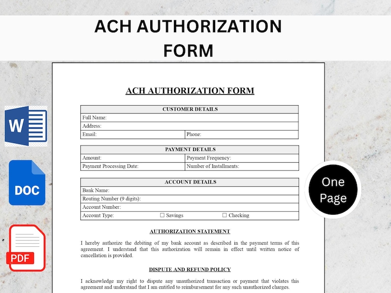 Editable ACH Authorization Form Template for Small Business (word, PDF ...