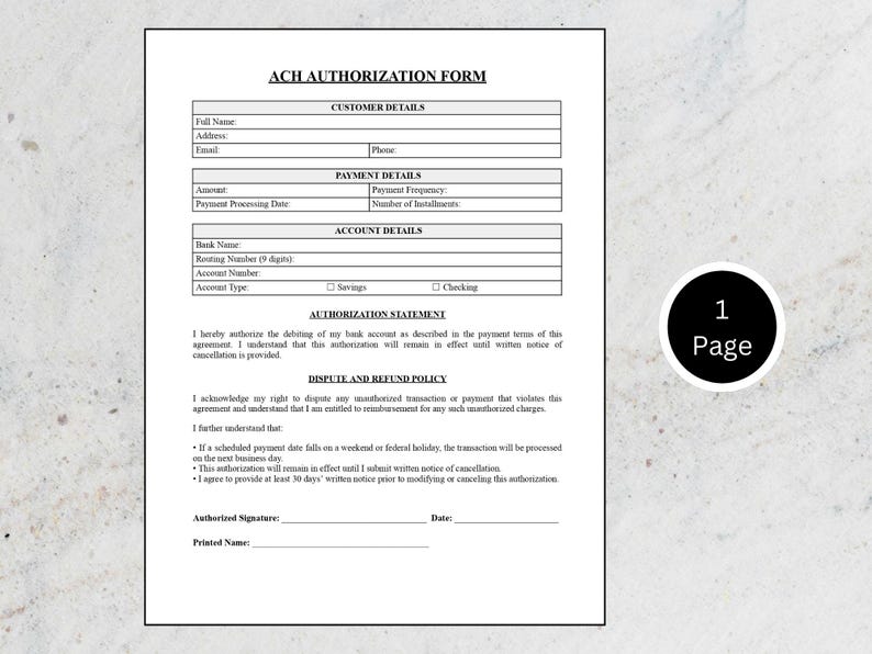 Editable ACH Authorization Form Template for Small Business (word, PDF ...