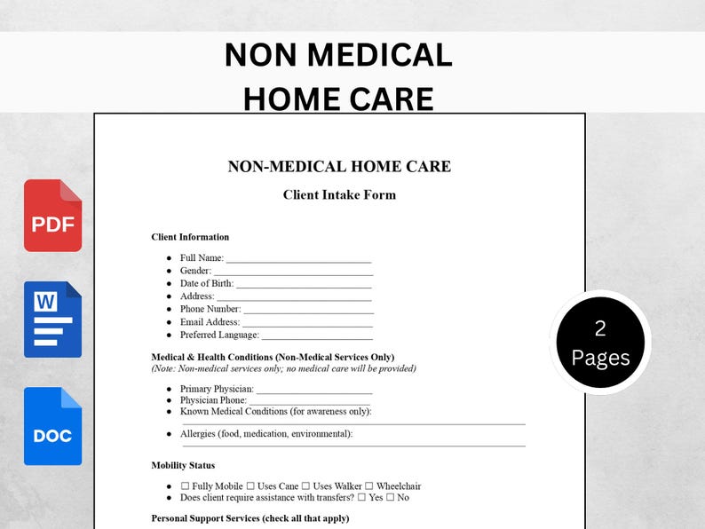 Home Care Client Intake Form | Non-medical Assessment (DOCX & PDF) - Etsy
