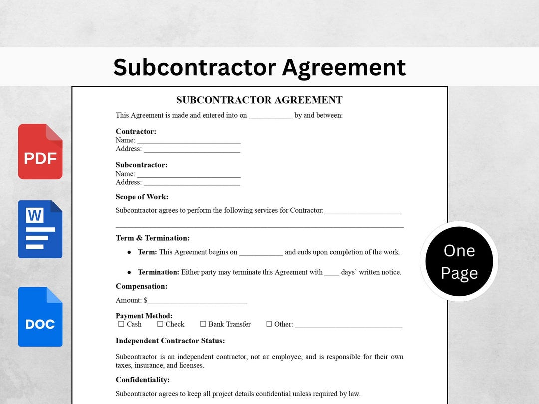 One Page Subcontractor Agreement Template | Independent Contractor ...