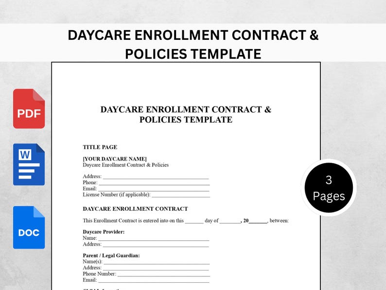 Daycare Enrollment Contract Template | Childcare Agreement Form ...