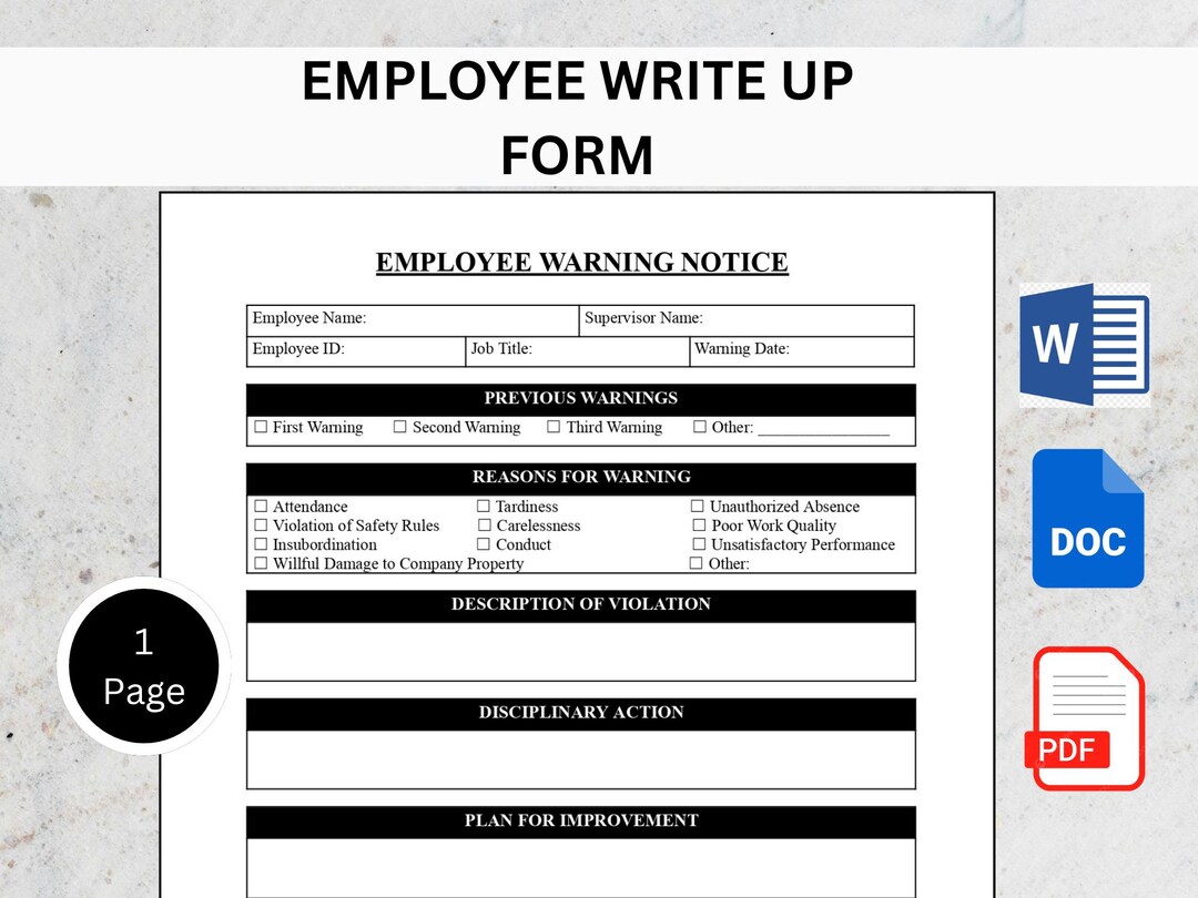 Employee Write up Form | HR Disciplinary Action Template (word PDF ...
