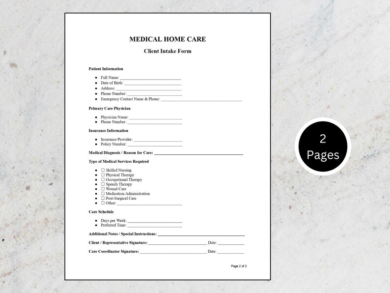 Caregiver Client Intake Form Template | Home Care Patient Intake (word ...
