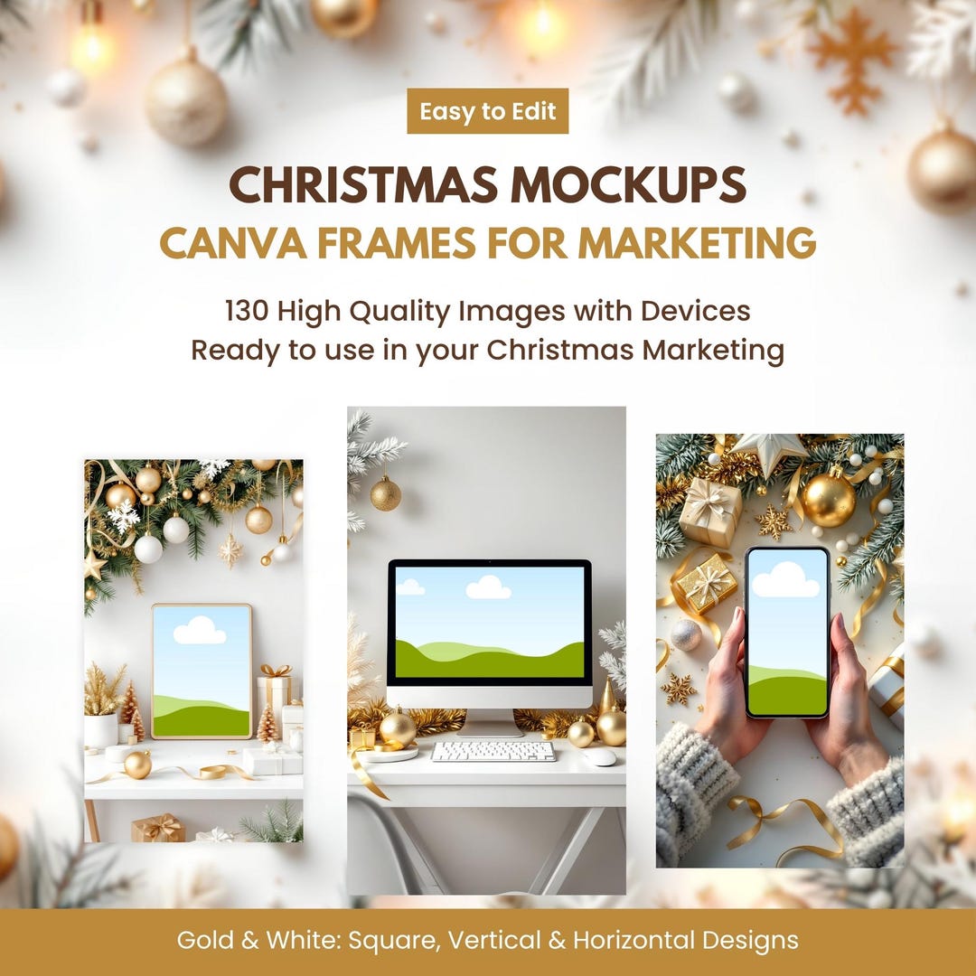 Christmas Marketing Mockups Canva Bundle. 130 Gold & White Device ...