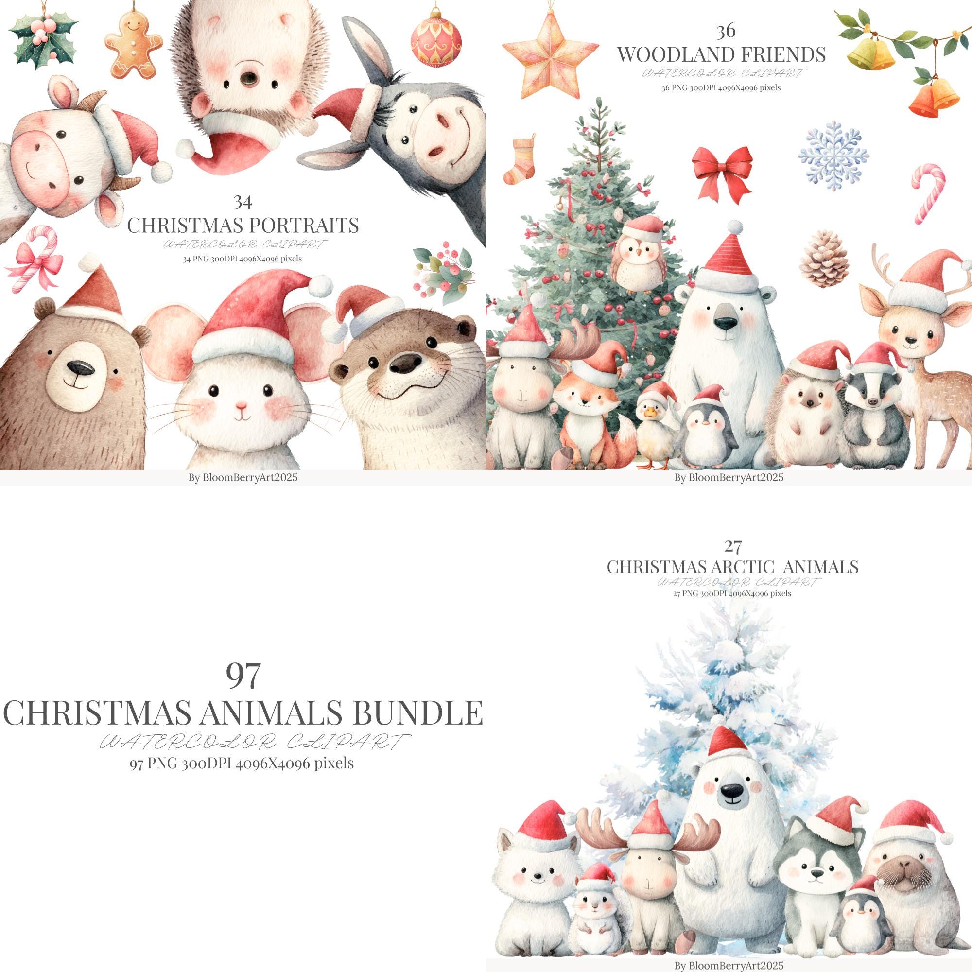 Christmas Animals Clipart Bundle Watercolor Cute Christmas Animals PNG ...