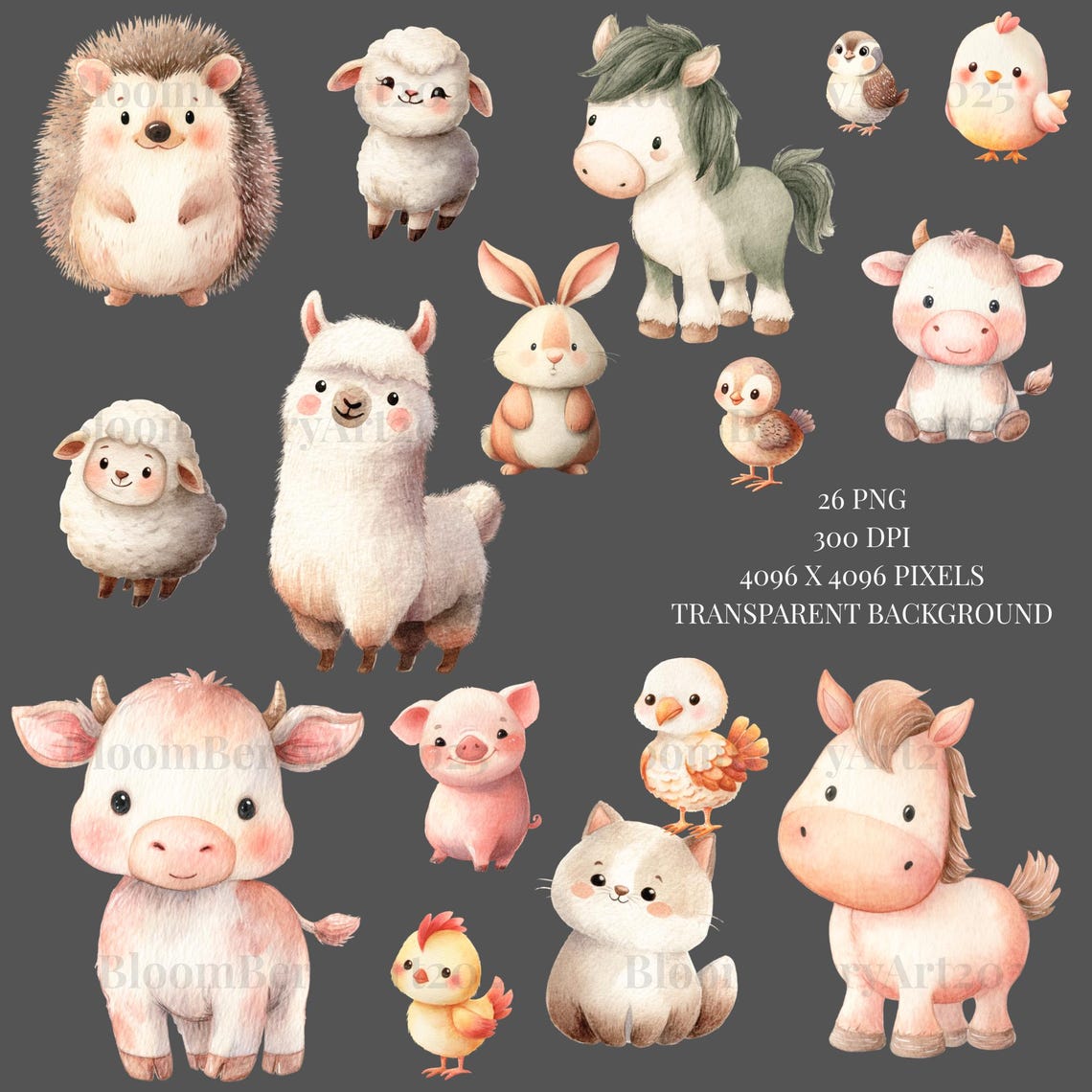 Cute Farm Baby Animals Clipart Watercolor Barnyard Baby Cow Pig Lamb ...