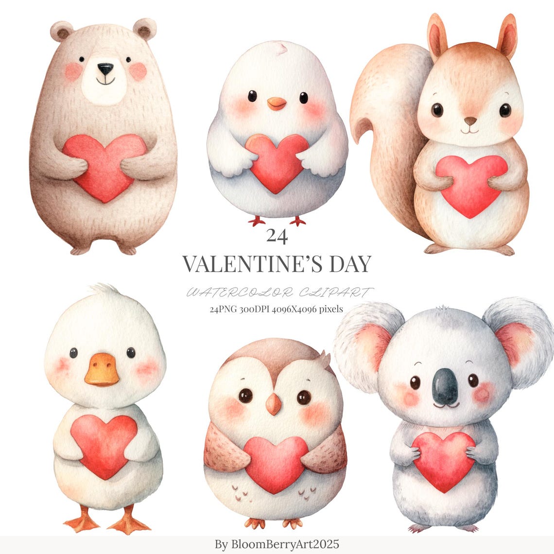 Valentine Animals Holding Hearts Clipart | Cute Baby Animals With Heart ...