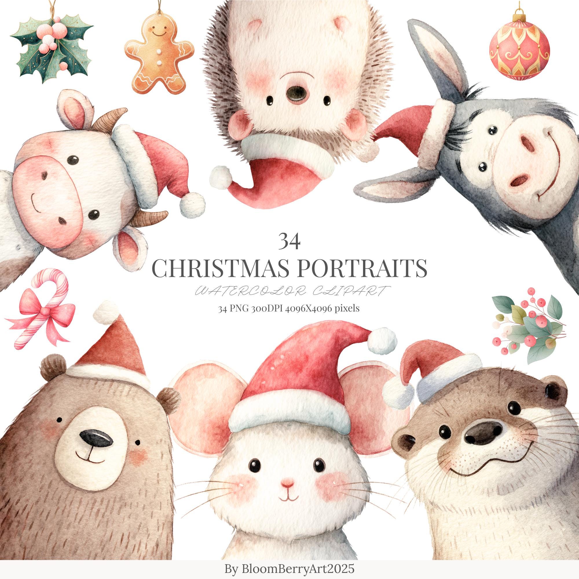 Christmas Animals Clipart Bundle Watercolor Cute Christmas Animals PNG ...