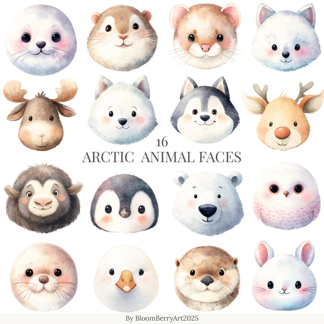 Arctic Cozy Baby Animal Faces Clipart | Watercolor Winter Animal ...