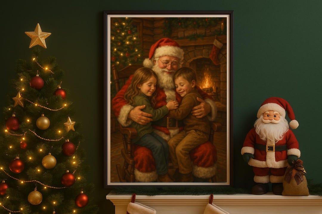 Santa Hugging Children Christmas Art Print Cozy Holiday Wall Decor ...