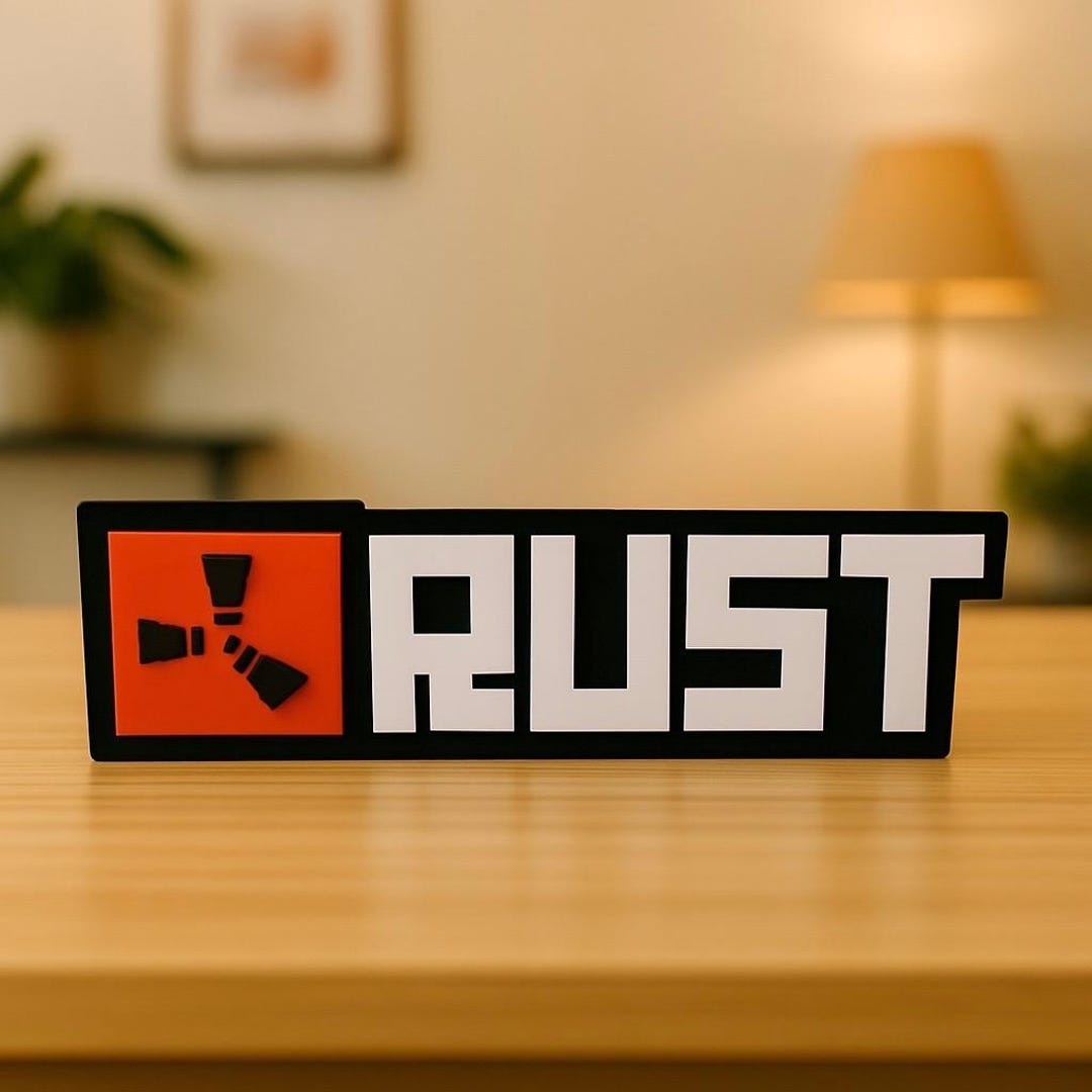 Rust Game Logo 3D Printed Nameplate – Orange & Black Desk Sign, Non ...