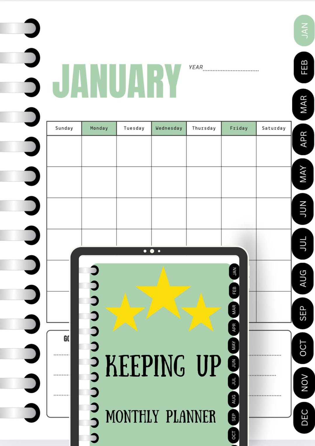 Gold Star Green Digital Planner: Undated Monthly + Weekly Tracking - Etsy
