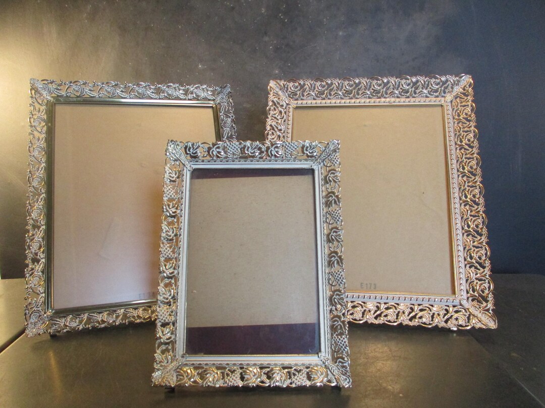 Set of Three Metal Filigree Picture Frames-white and Gold Floral - Etsy