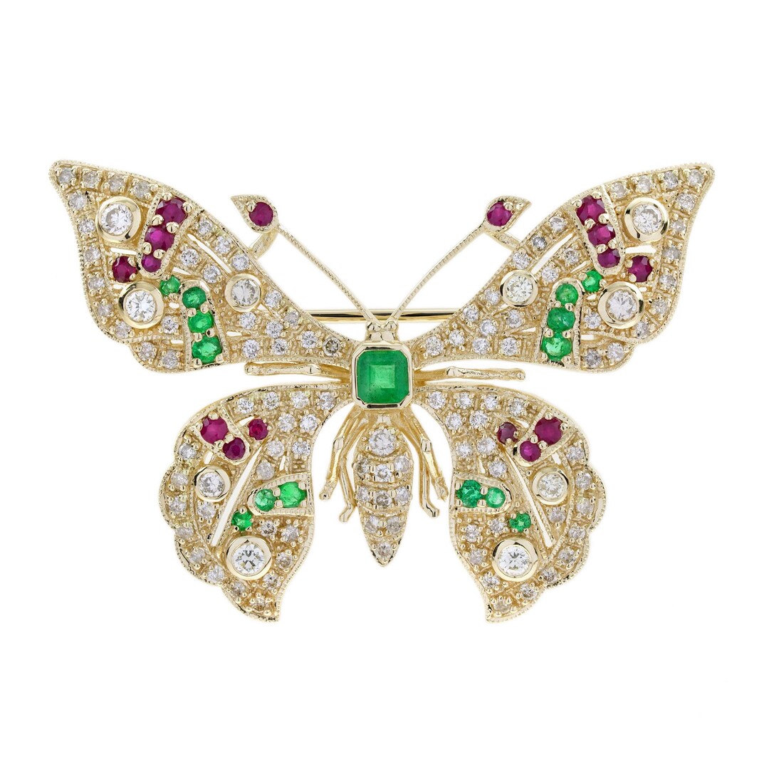 Art Deco Emerald Ruby Diamond Butterfly Brooch, 9K-18K Yellow Gold - Etsy