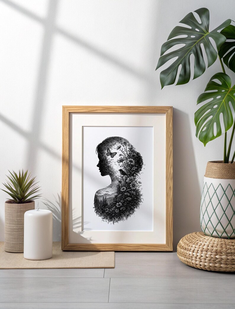 Double Exposure Woman Engraving PNG | Nature Silhouette Art ...