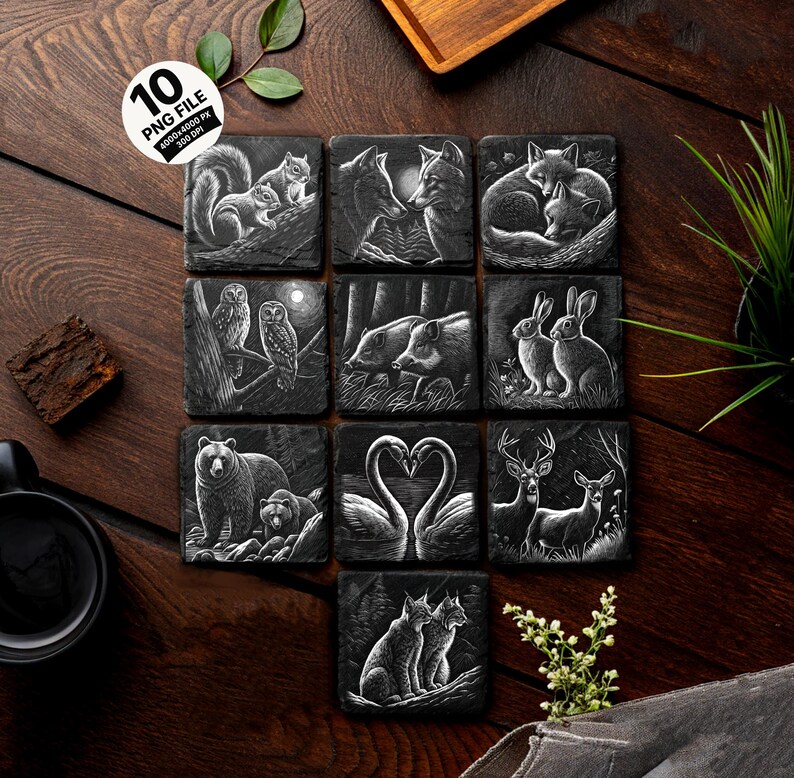 Animal Love 10 Digital Files for Laser Engraving Slate Coasters PNG ...