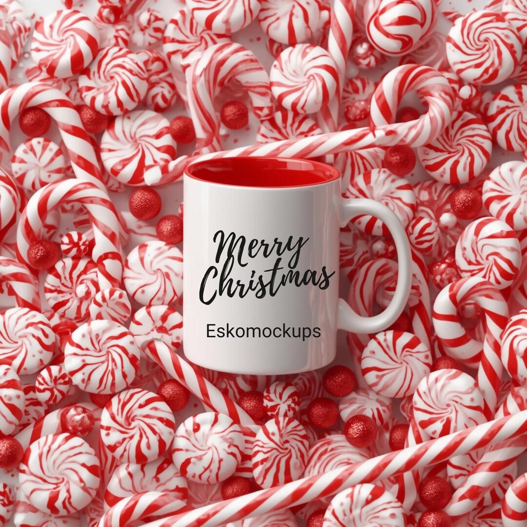 Peppermint Candy Cane Mug Mockup – Red Handle Holiday Cup on Sweet ...