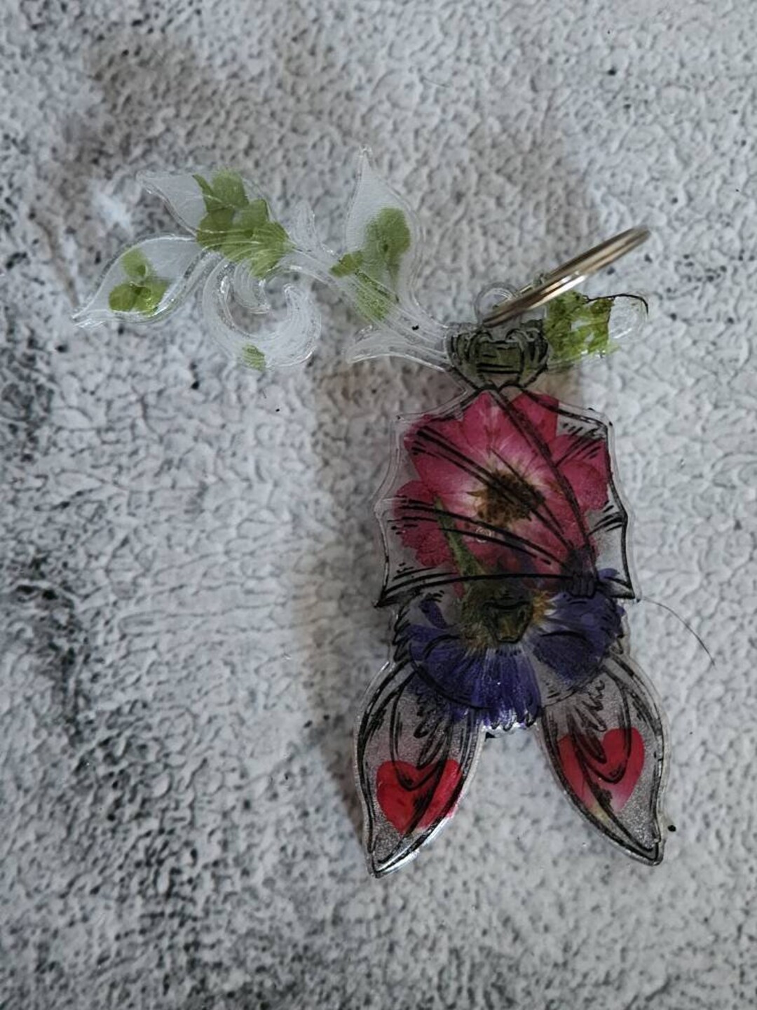 Pink Bloom Real Dried Flowers and Leaves Encased in Resin Bat Keychain ...