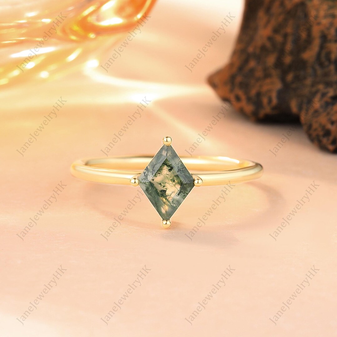 18k Solid Gold Plated Ring: Minimalist Rhombus Cut Moss Agate Wedding ...