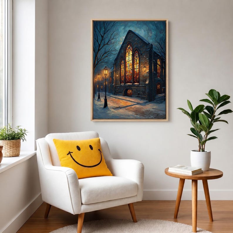 Winter Church Stained Glass Art Print, Snowy Cathedral Painting ...