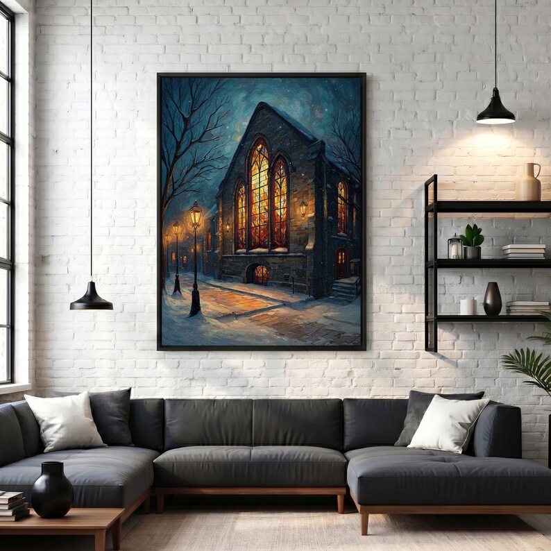 Winter Church Stained Glass Art Print, Snowy Cathedral Painting ...