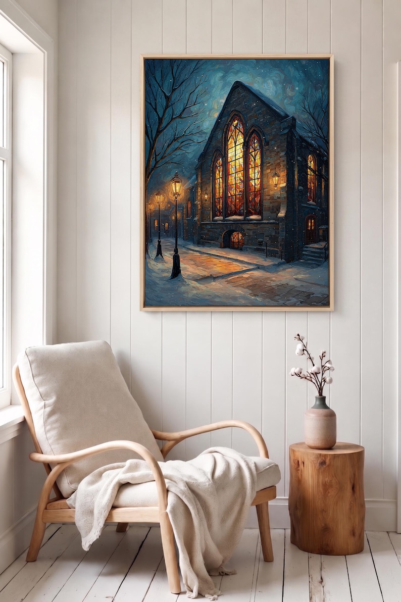 Winter Church Stained Glass Art Print, Snowy Cathedral Painting ...