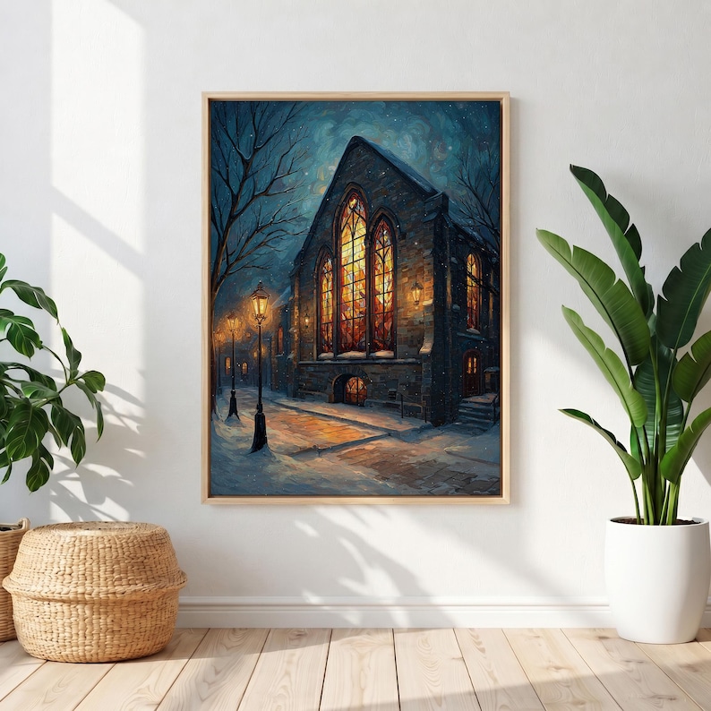 Winter Church Stained Glass Art Print, Snowy Cathedral Painting ...