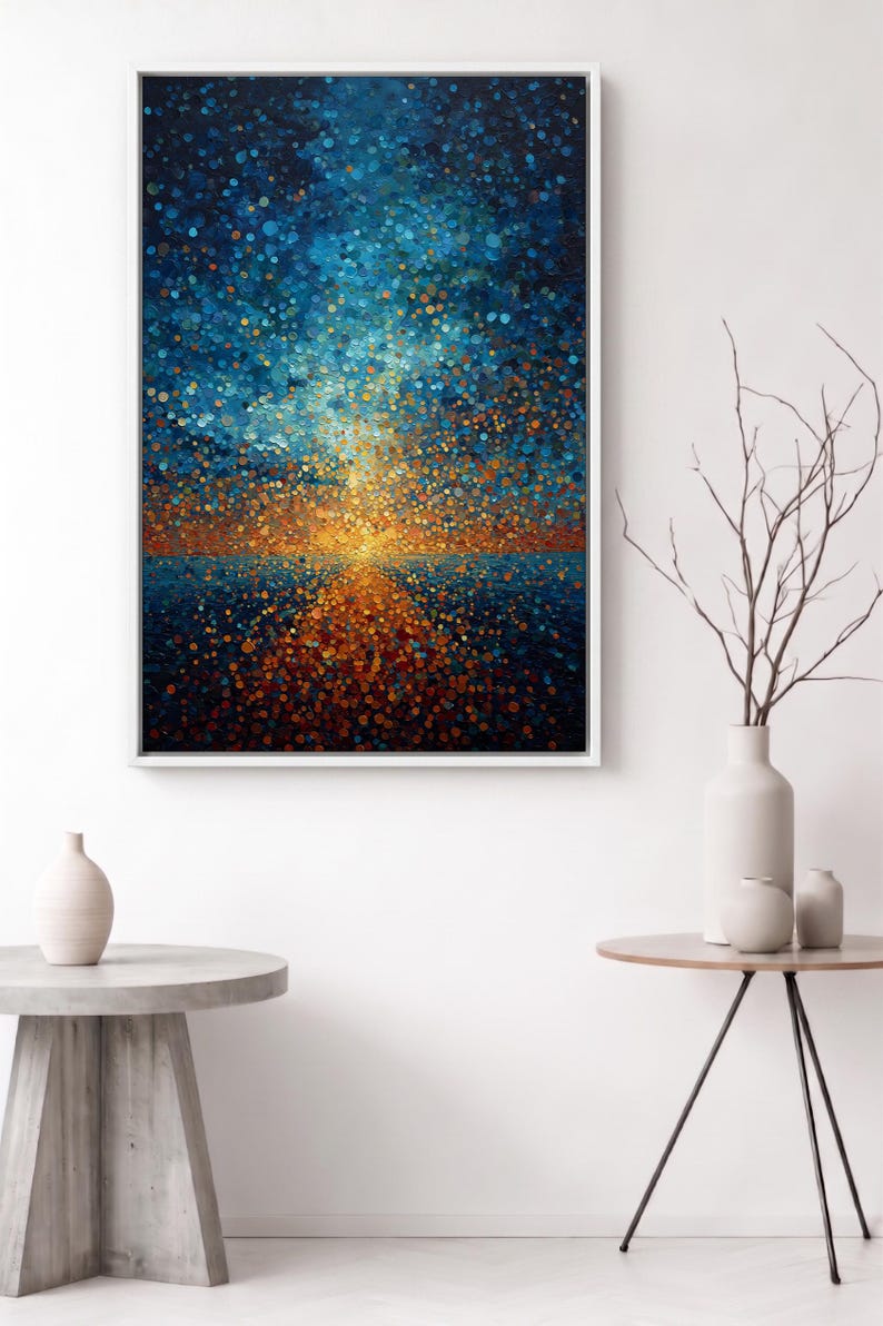 Abstract Ocean Sunset Print, Pointillism Seascape Wall Art (digital ...